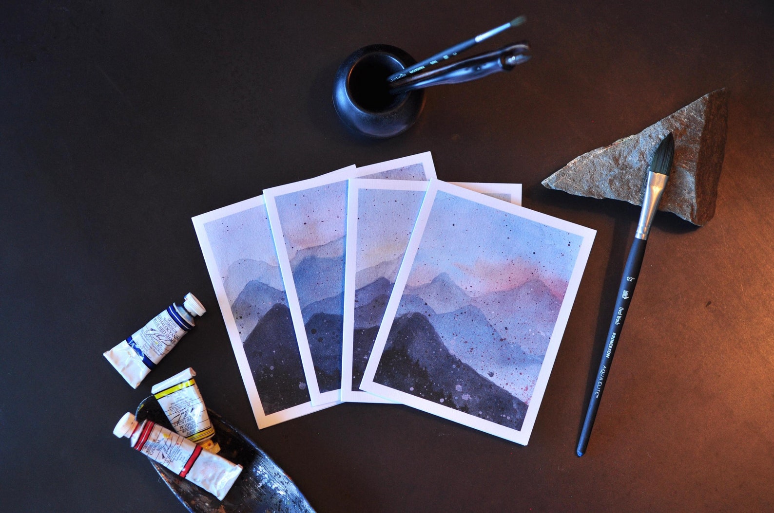 Sunset Cascade Mountains Painted Set of 8 Notecards | Blank Watercolor ...