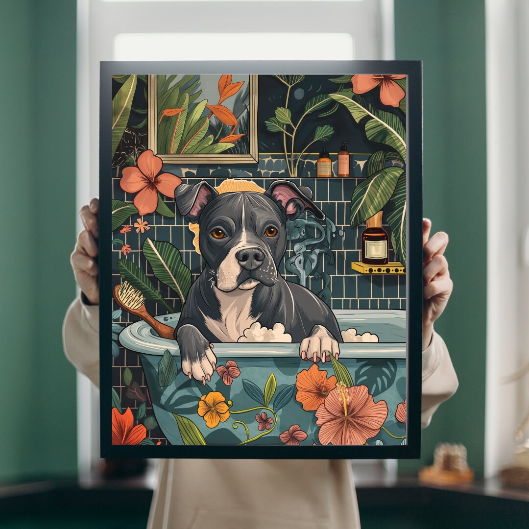 Botanical Blue Staffy Bathroom Print, Bathroom Decor Print, Maximalist ...