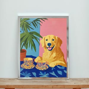 Retro Colorful Yellow Labrador on Dining Room Poster, Whimsical Dining ...