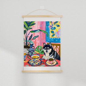 Retro Colorful Shiba Inu on Dining Table Poster, Whimsical Dining Room ...