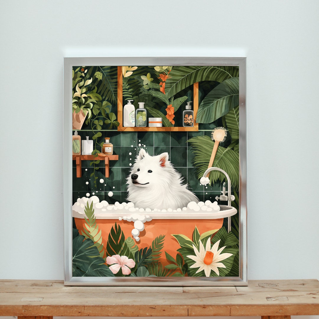 Botanical Samoyed Bathroom Print, Bathroom Decor Print, Maximalist ...