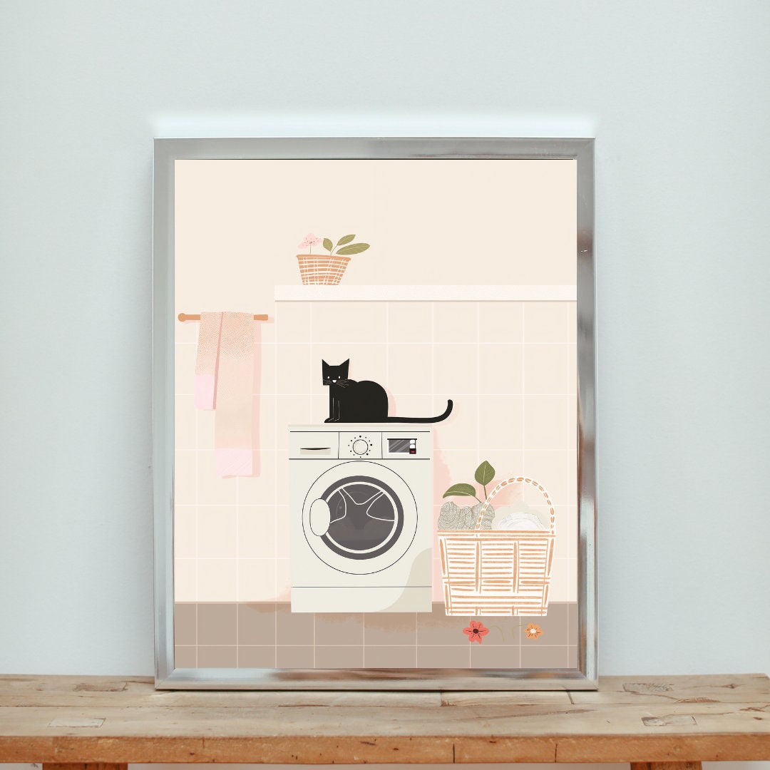 Cute Black Cat in Laundry Room Decorative Print, Whimsical Wall Art for ...