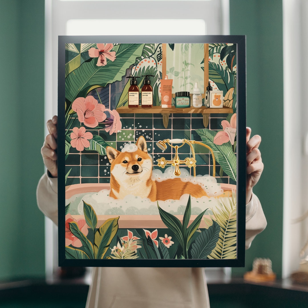 Botanical Shiba Inu Bathroom Print, Bathroom Decor Print, Maximalist ...