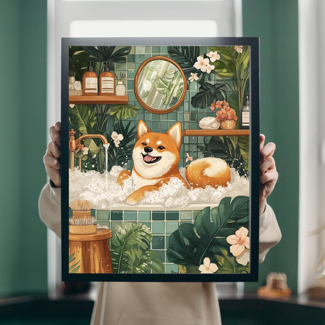 Botanical Shiba Inu Dog in Bath Poster, Happy Shiba Inu Art, Bathroom ...