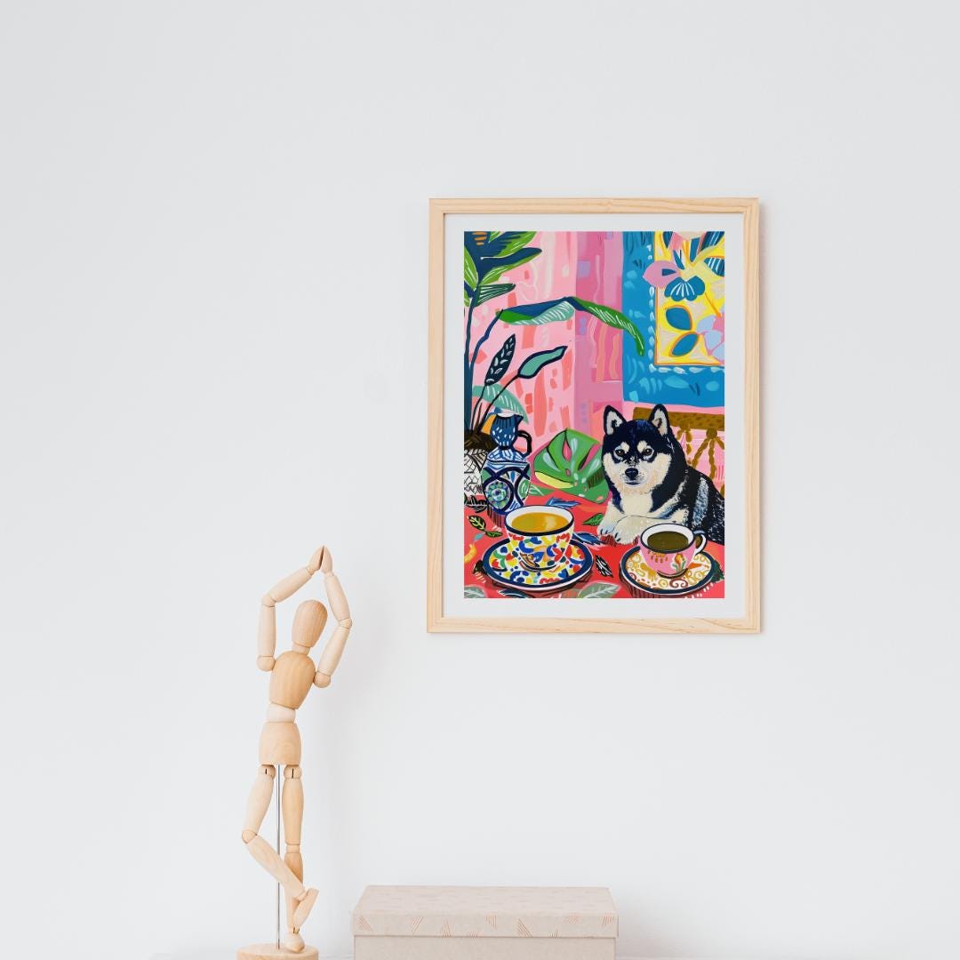 Retro Colorful Shiba Inu on Dining Table Poster, Whimsical Dining Room ...
