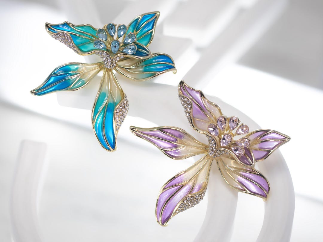 Orchid Lily Brooch • Purple Enamel, Pink/blue Cubic Zirconia (CZ ...
