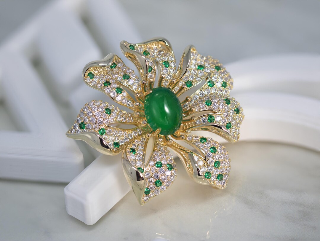 Jade Flower Brooch Encrusted With Sparkling Cubic Zirconia CZ - Etsy