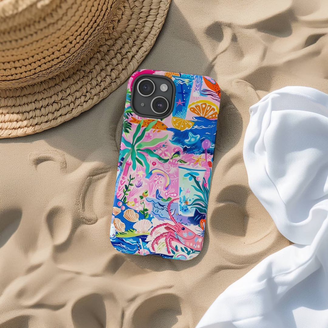 Tropical Paradise Collage Phone Case, Sea Creatures, Palm Trees and ...