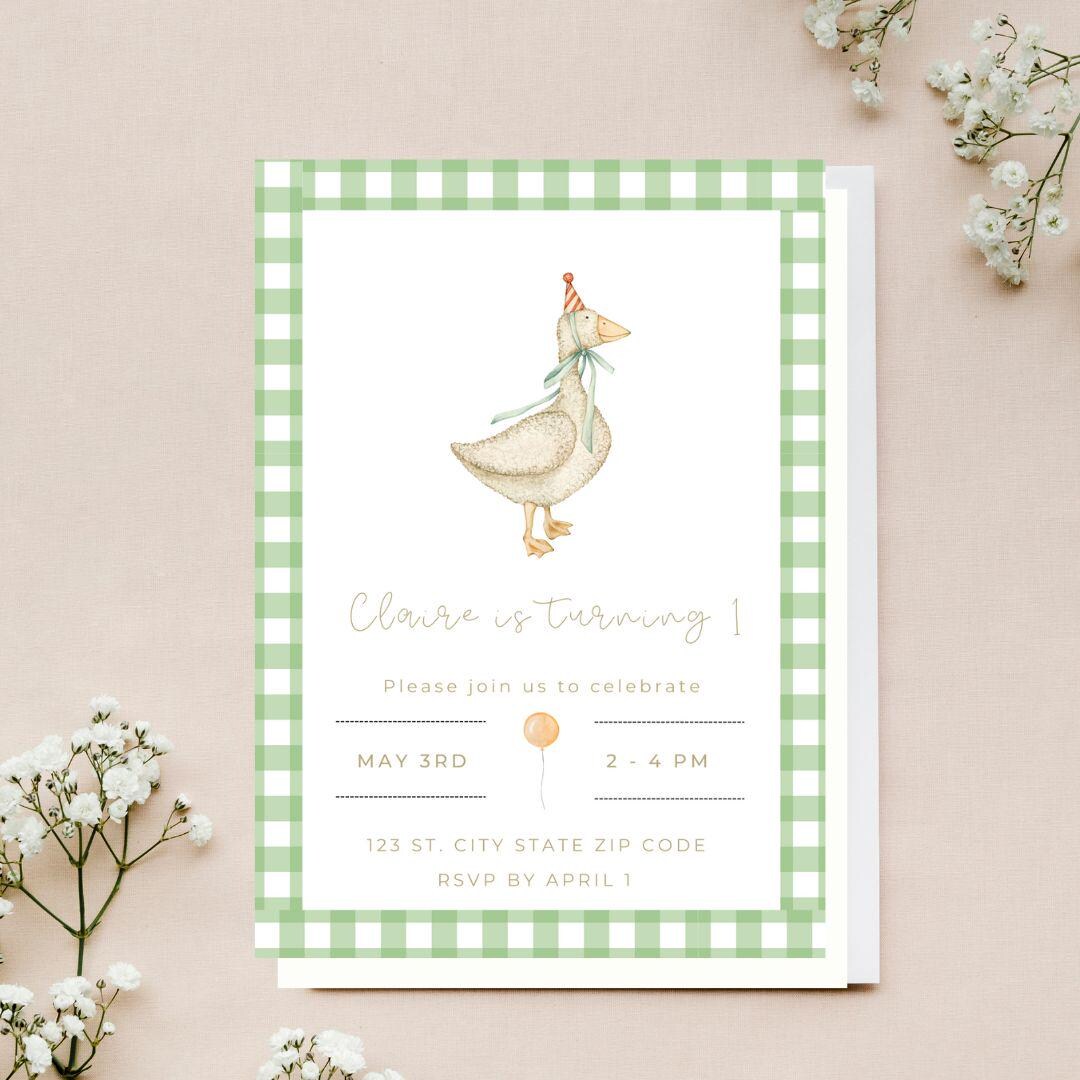 Gingham Goose Birthday Party Invitation, Editable Canva Template, One ...