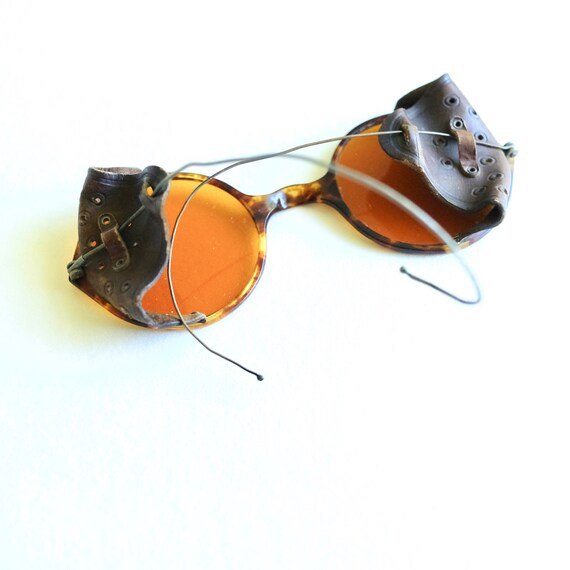 1910s Faux Tortoise Round Amber Lens Motoring Goggles - Gem