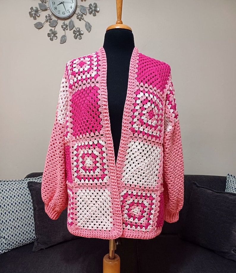 Pink Crochet Cardigan, Pink Granny Squares Crochet Cardigan, Handmade ...