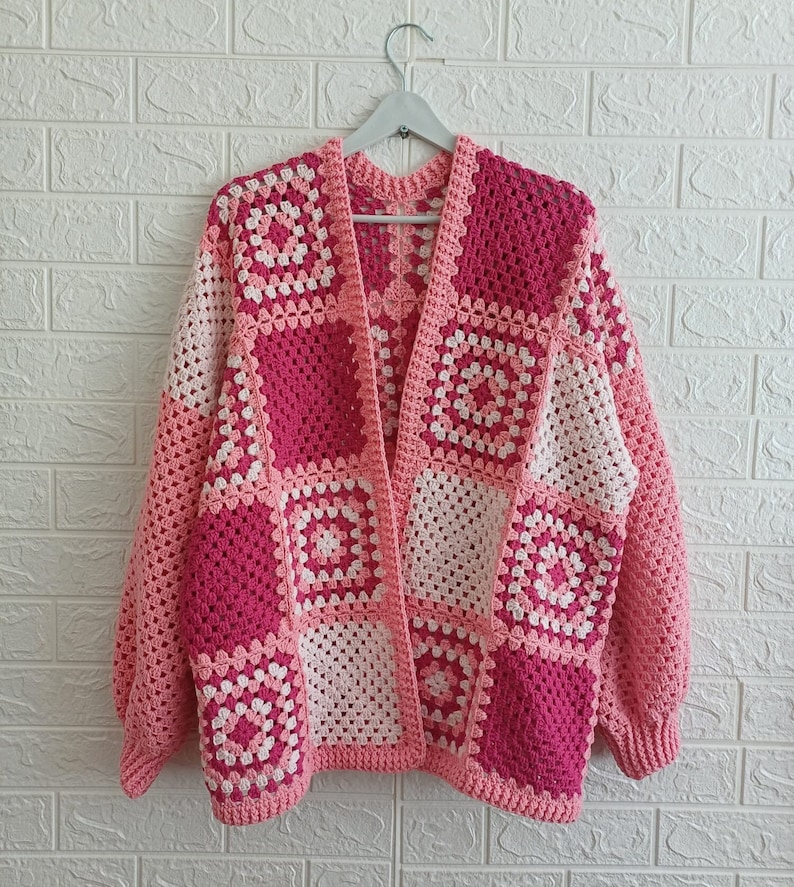 Pink Crochet Cardigan, Pink Granny Squares Crochet Cardigan, Handmade ...