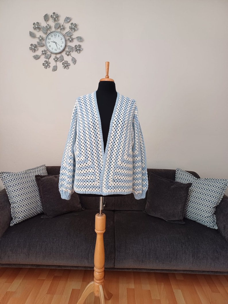 Cardigan Blue White Crochet Granny Hexagon M Size, Gift for Mom Crochet ...