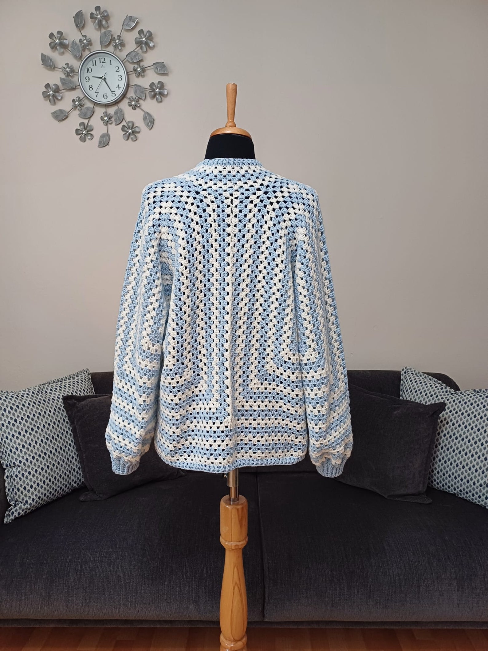 Cardigan Blue White Crochet Granny Hexagon M Size, Gift for Mom Crochet ...