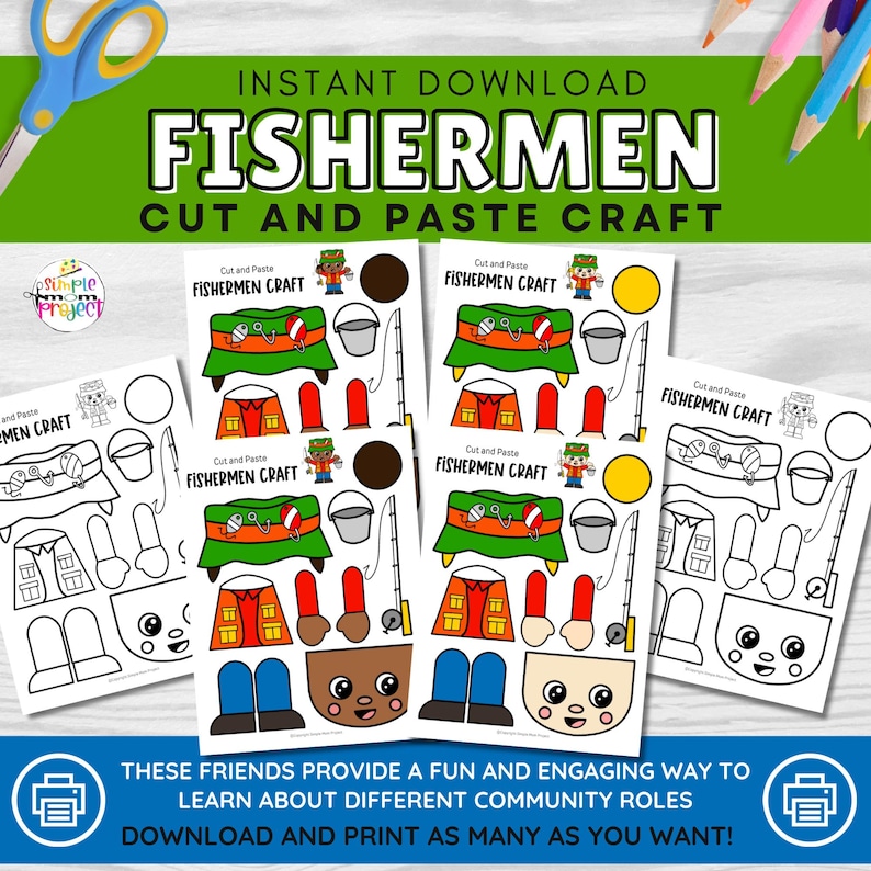 Fishermen Printable Paper Craft for Kids | Pre-colored | Black & White ...