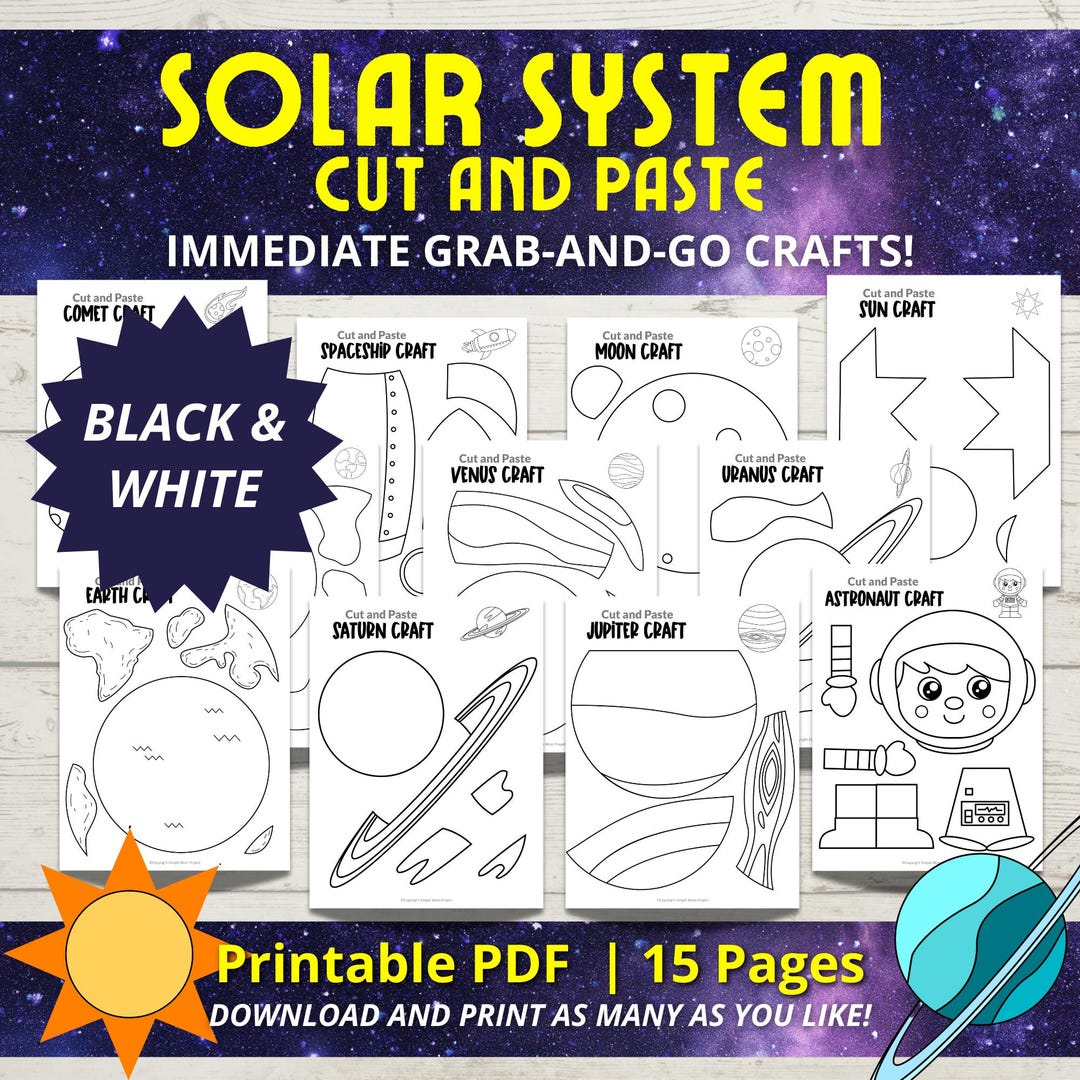 Solar System Cut and Paste Craft, Planet Crafts, Black and White ...