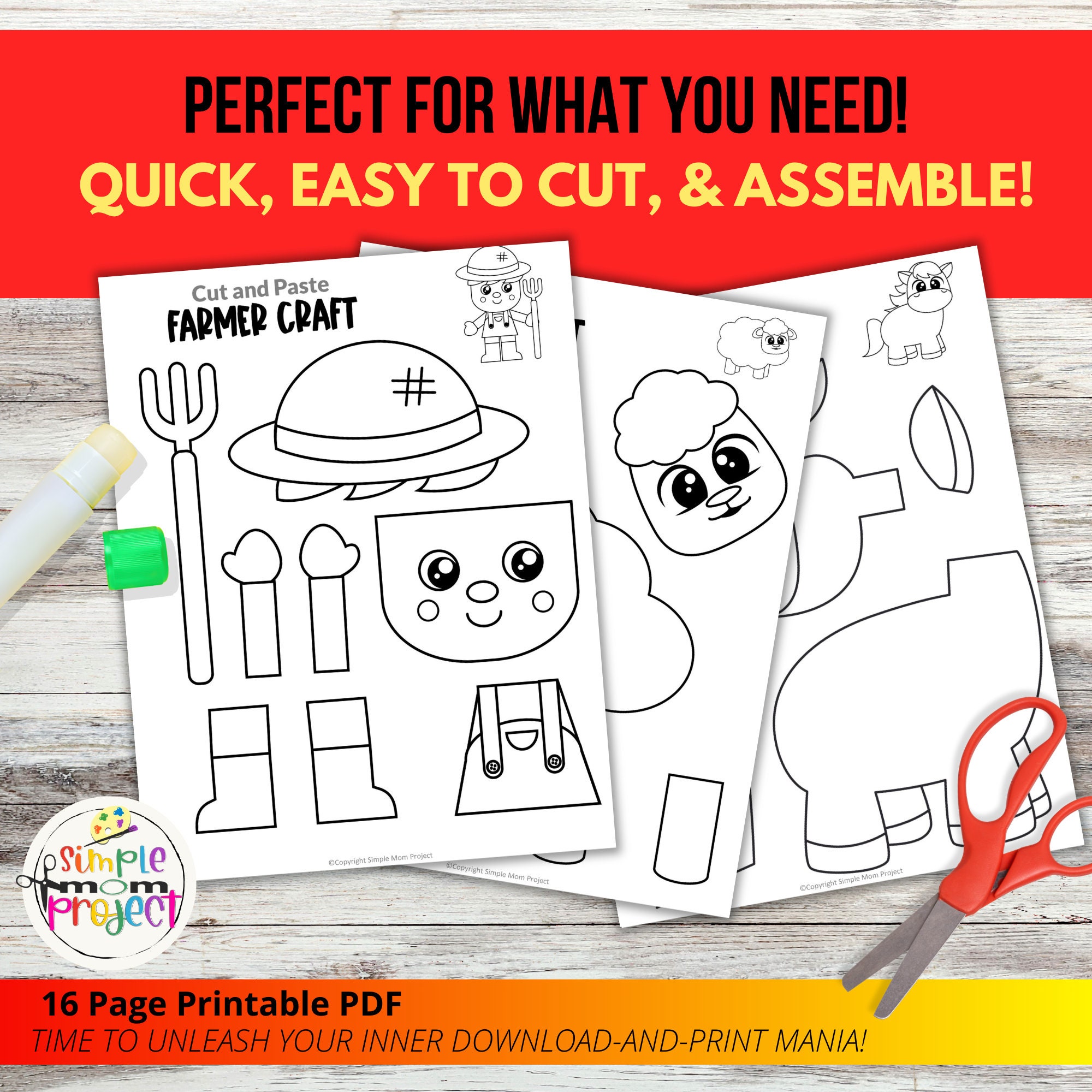 15 Farm Animal Cut and Paste Craft, Barnyard Crafts, Black and White ...