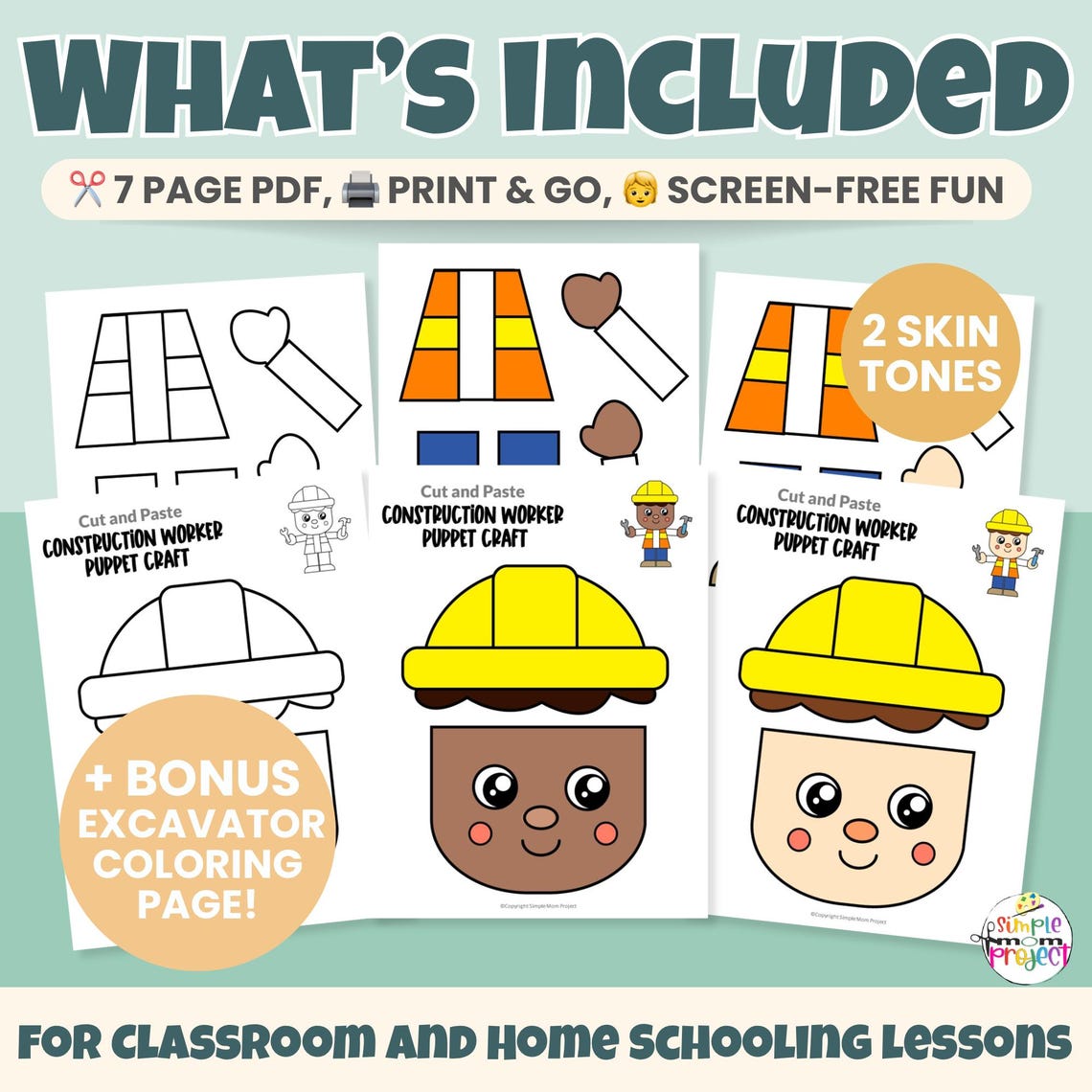 Construction Worker Paper Bag Puppet Craft | Community Worker Printable ...