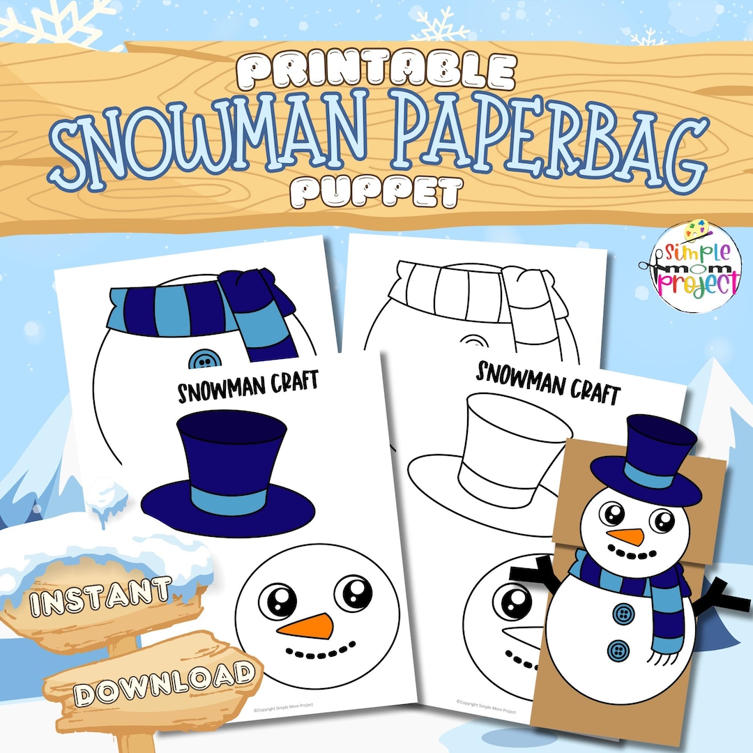 Snowman Paper Bag Puppet Printable Craft | Fun Paper Bag Snowman Puppet ...