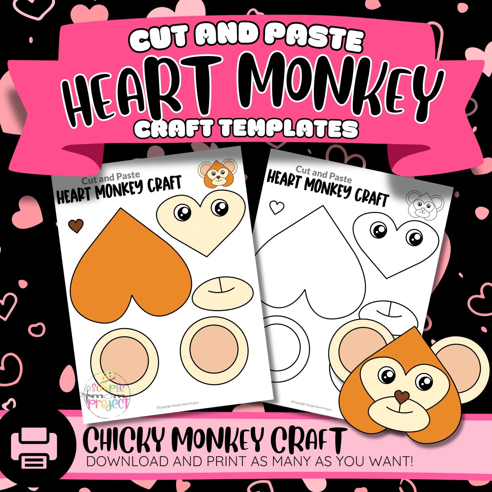 Heart Monkey Printable Craft for Kids | Heart Monkey Craft | Heart ...