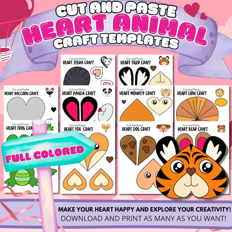 10 Full Colored Heart Animal Printable Crafts | Fun Heart Animal ...