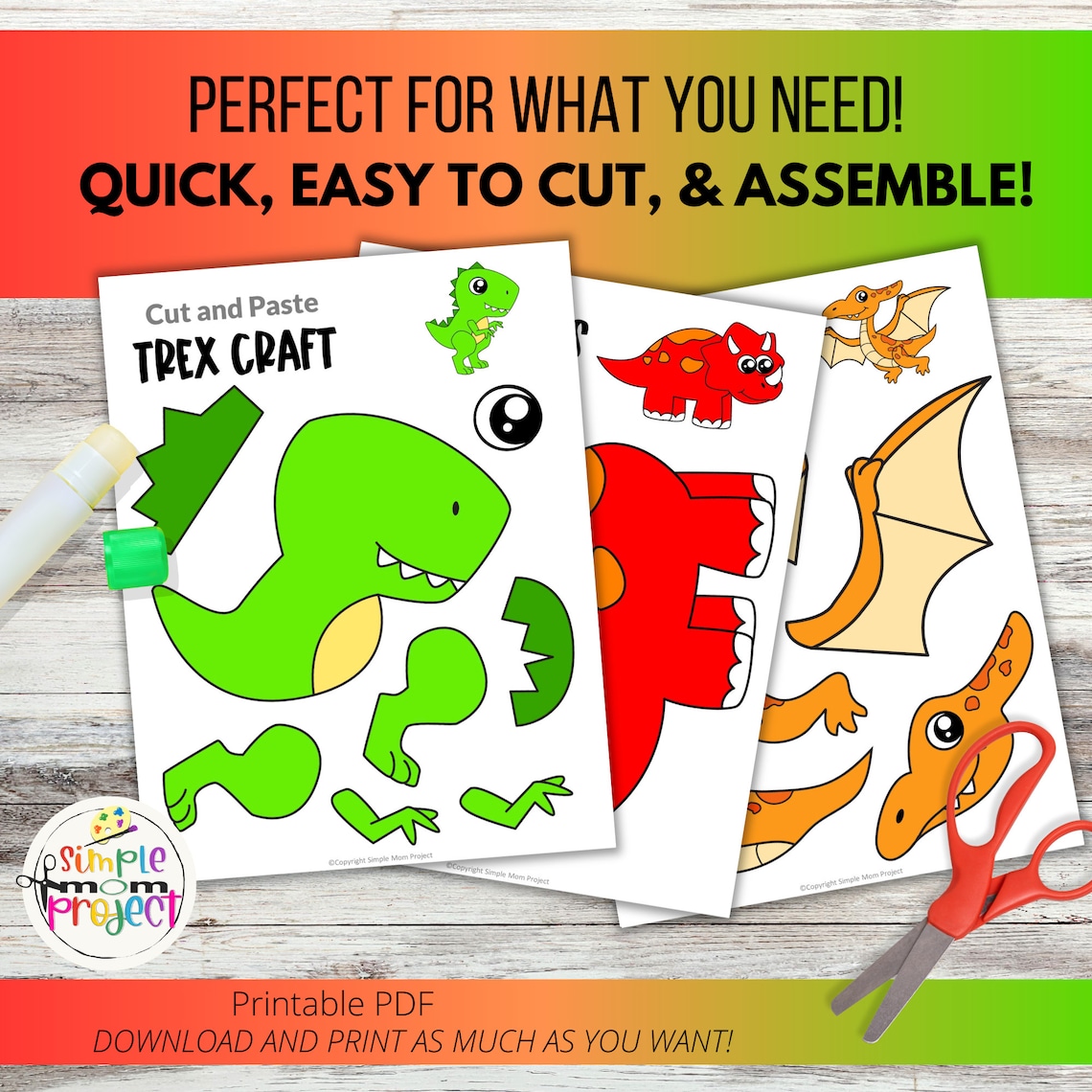 10 Easy Dinosaur Cut and Glue Craft Activity, Printable, Fine Motor ...