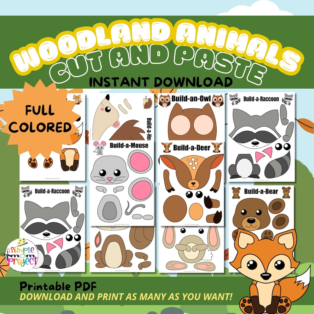 Full Colored Woodland Animal Cut and Glue Craft Activity, Printable ...