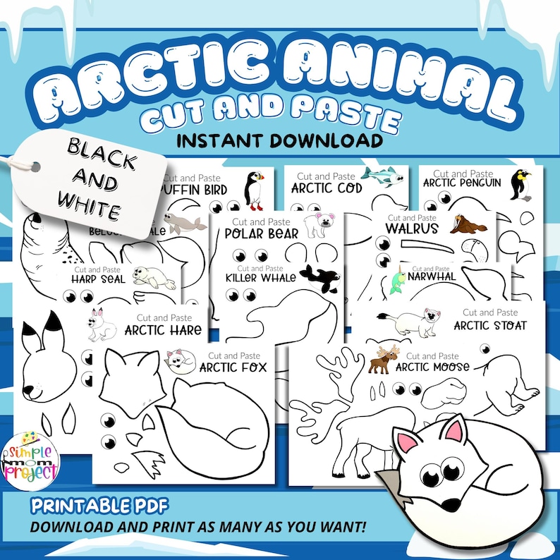 14 Black and White Arctic Animal Cut and Paste Craft Bundle | Black and ...
