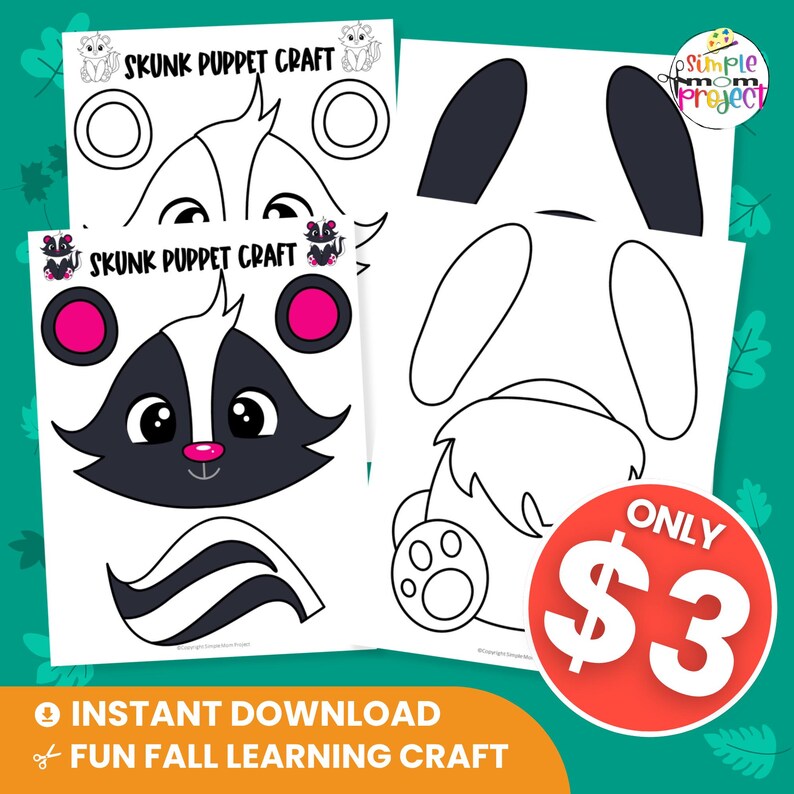 Skunk Paper Bag Puppet Craft | Woodland Animal Printable | Cut and ...