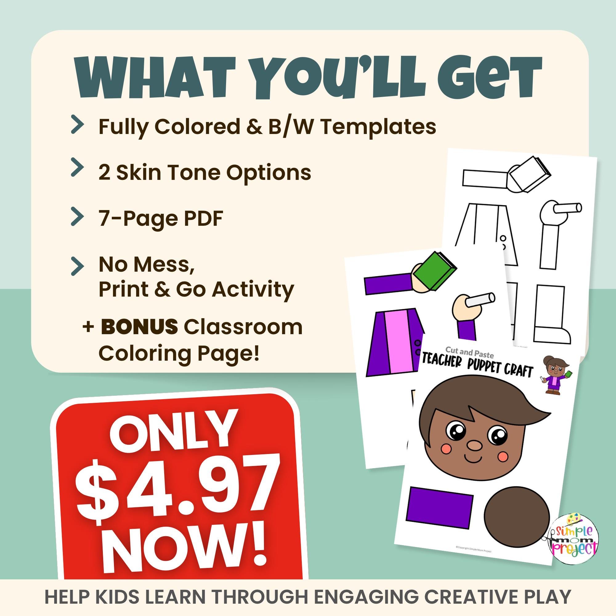 Teacher Paper Bag Puppet Craft | Community Worker Printable | Cut and ...
