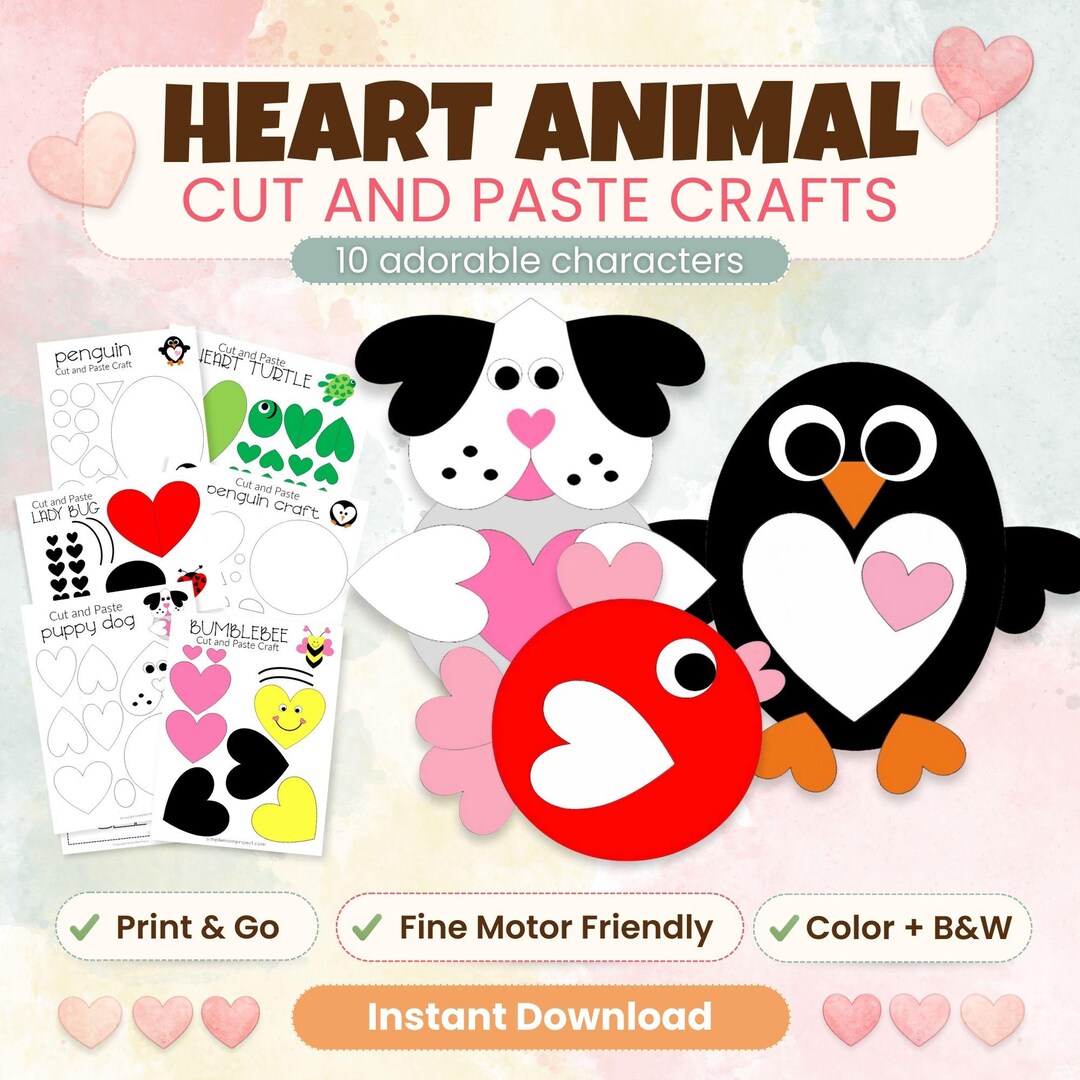 Heart Animal Crafts: Printable Template Activities for Kids (PDF) - Etsy