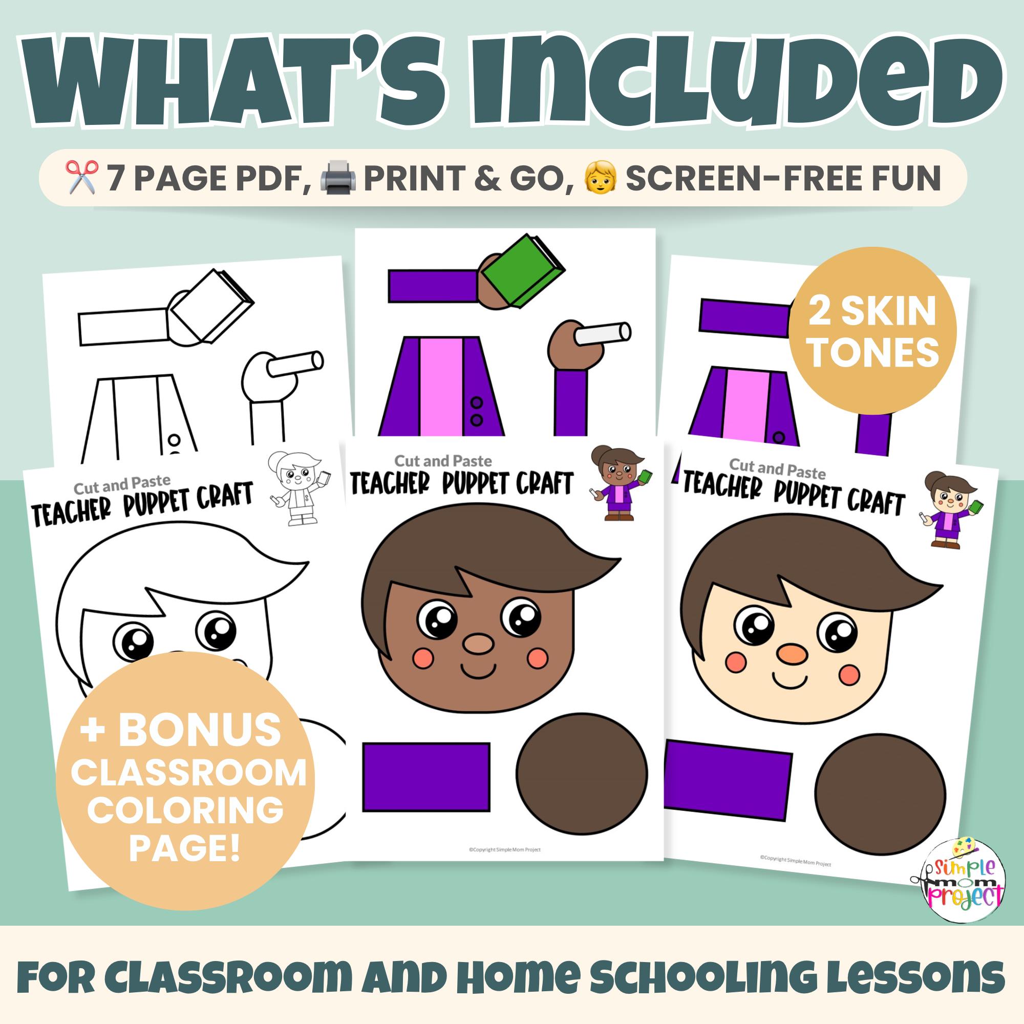 Teacher Paper Bag Puppet Craft | Community Worker Printable | Cut and ...