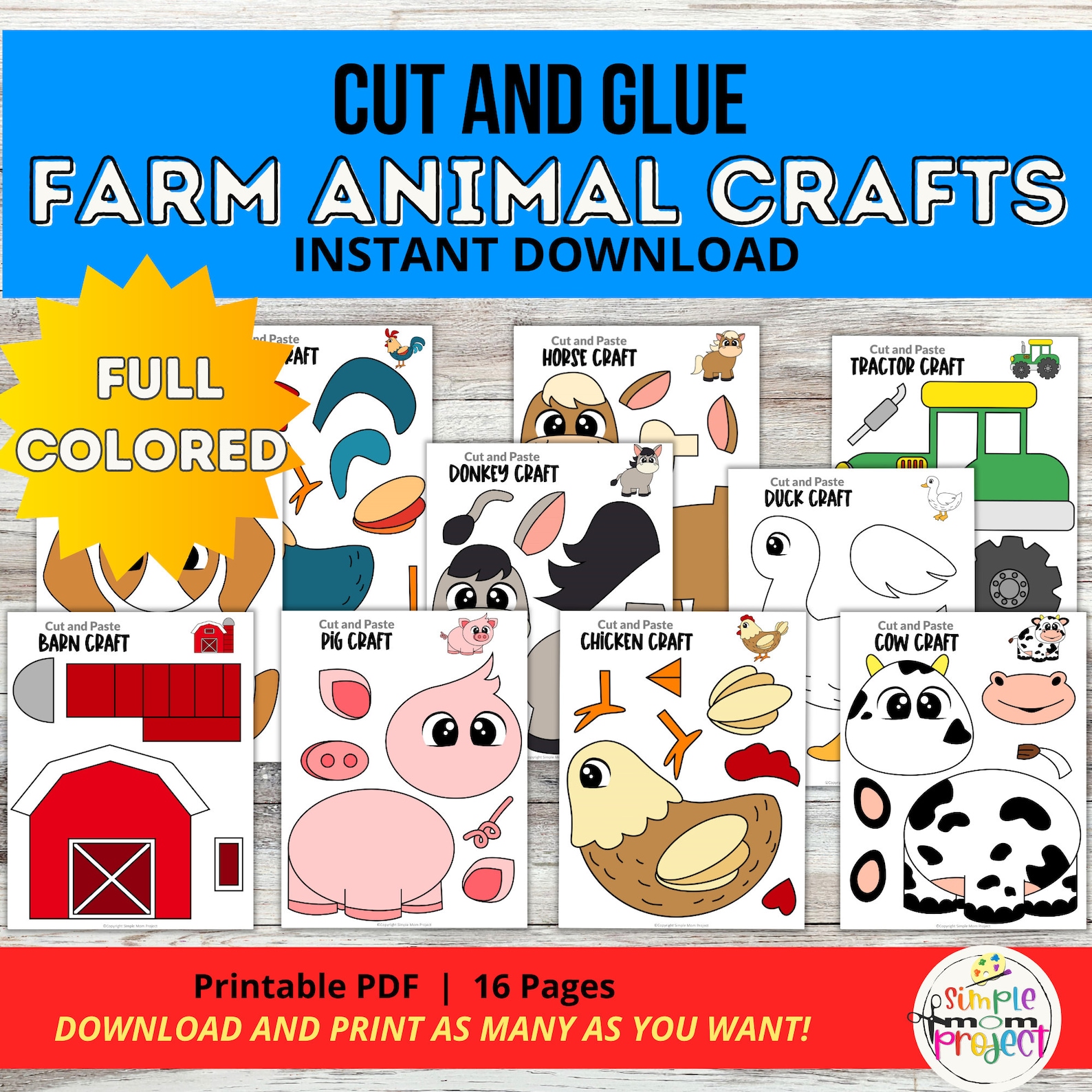 15 Farm Animal Cut and Paste Craft, Barnyard Crafts, Full Colored, Farm ...