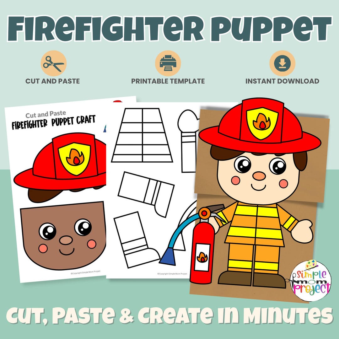 Firefighter Paper Bag Puppet Craft | Community Worker Printable | Cut ...