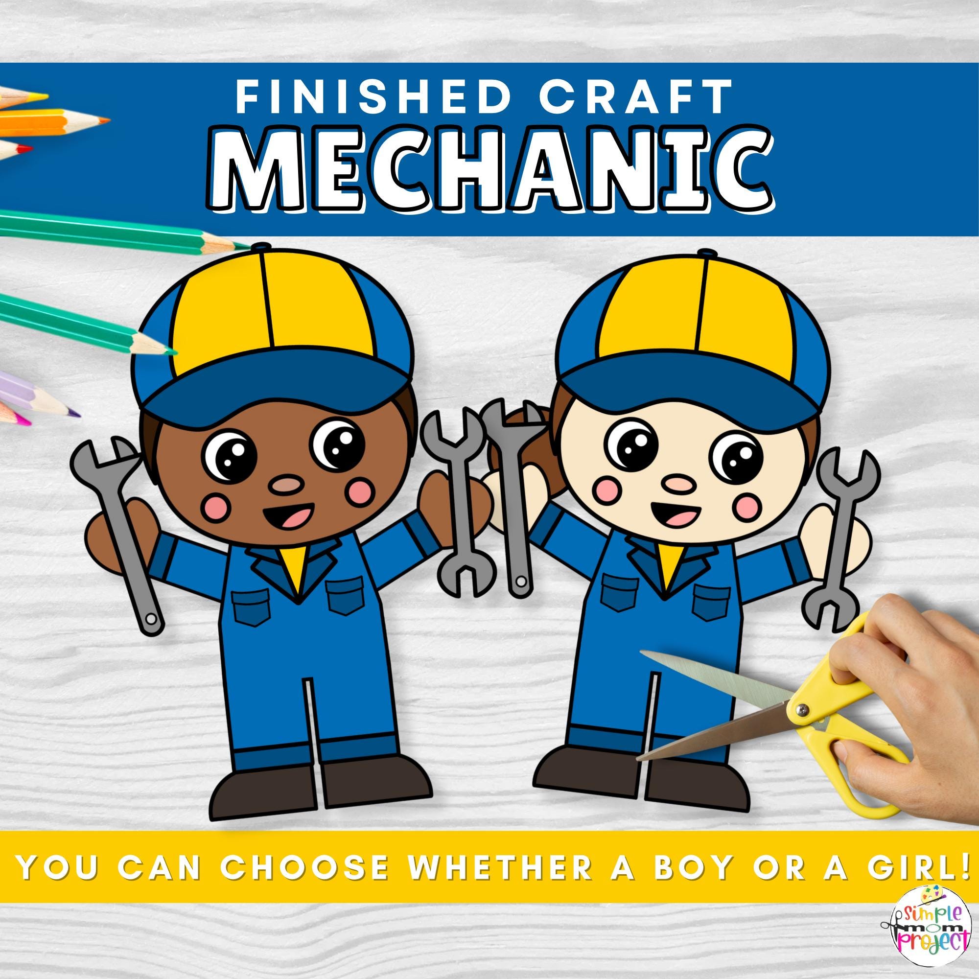 Mechanic Printable Paper Craft for Kids | Pre-colored | Black & White ...