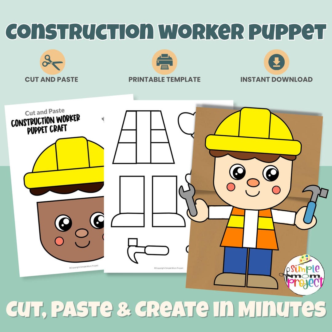 Construction Worker Paper Bag Puppet Craft | Community Worker Printable ...