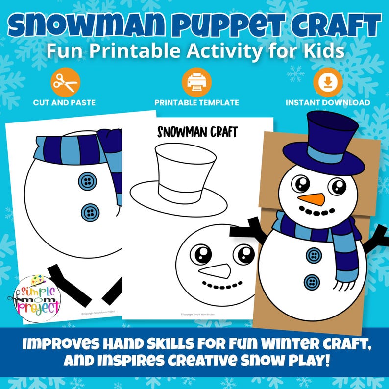 Snowman Paper Bag Puppet Printable | Winter Kids Craft | Cut & Paste ...