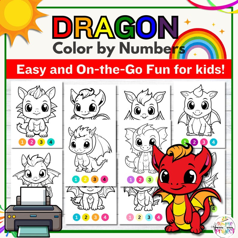 Dragon Color by Number Printable: Kids Coloring Activity (PDF) - Etsy
