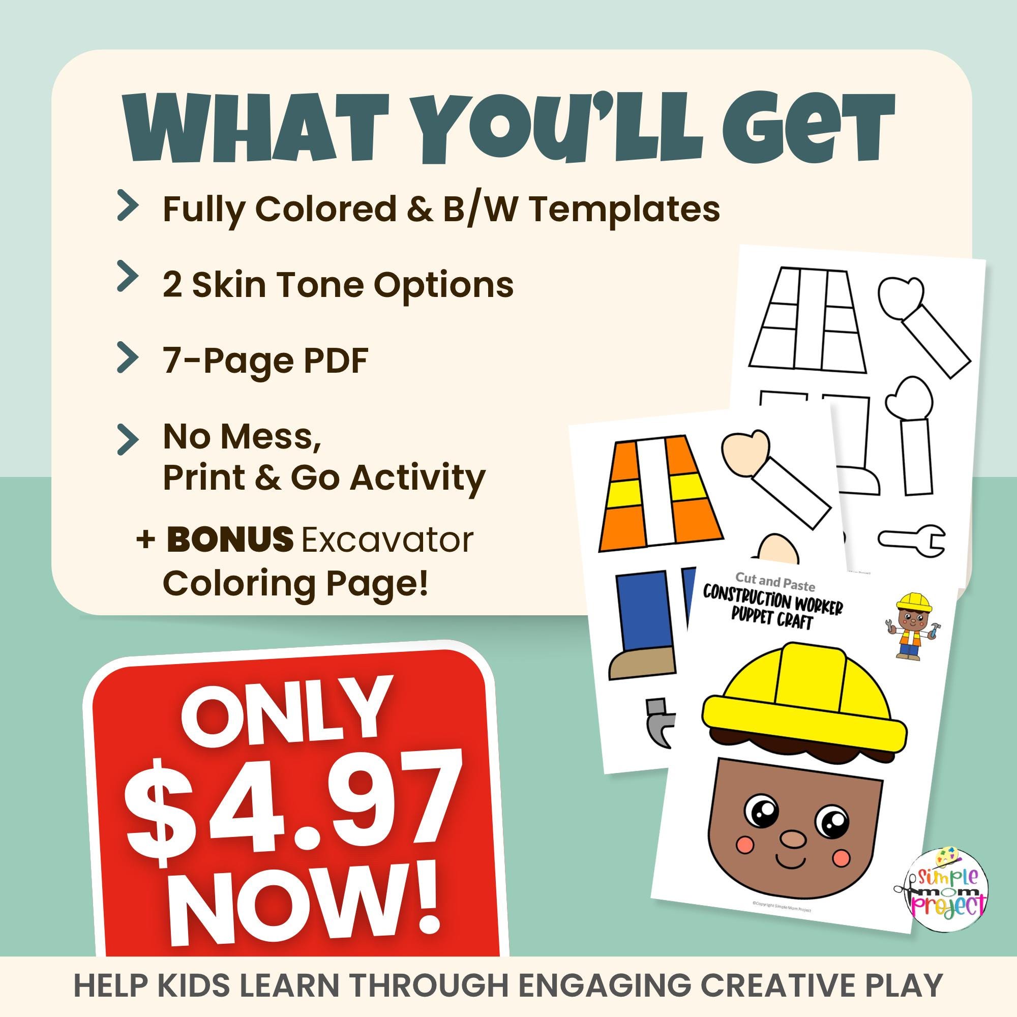 Construction Worker Paper Bag Puppet Craft | Community Worker Printable ...