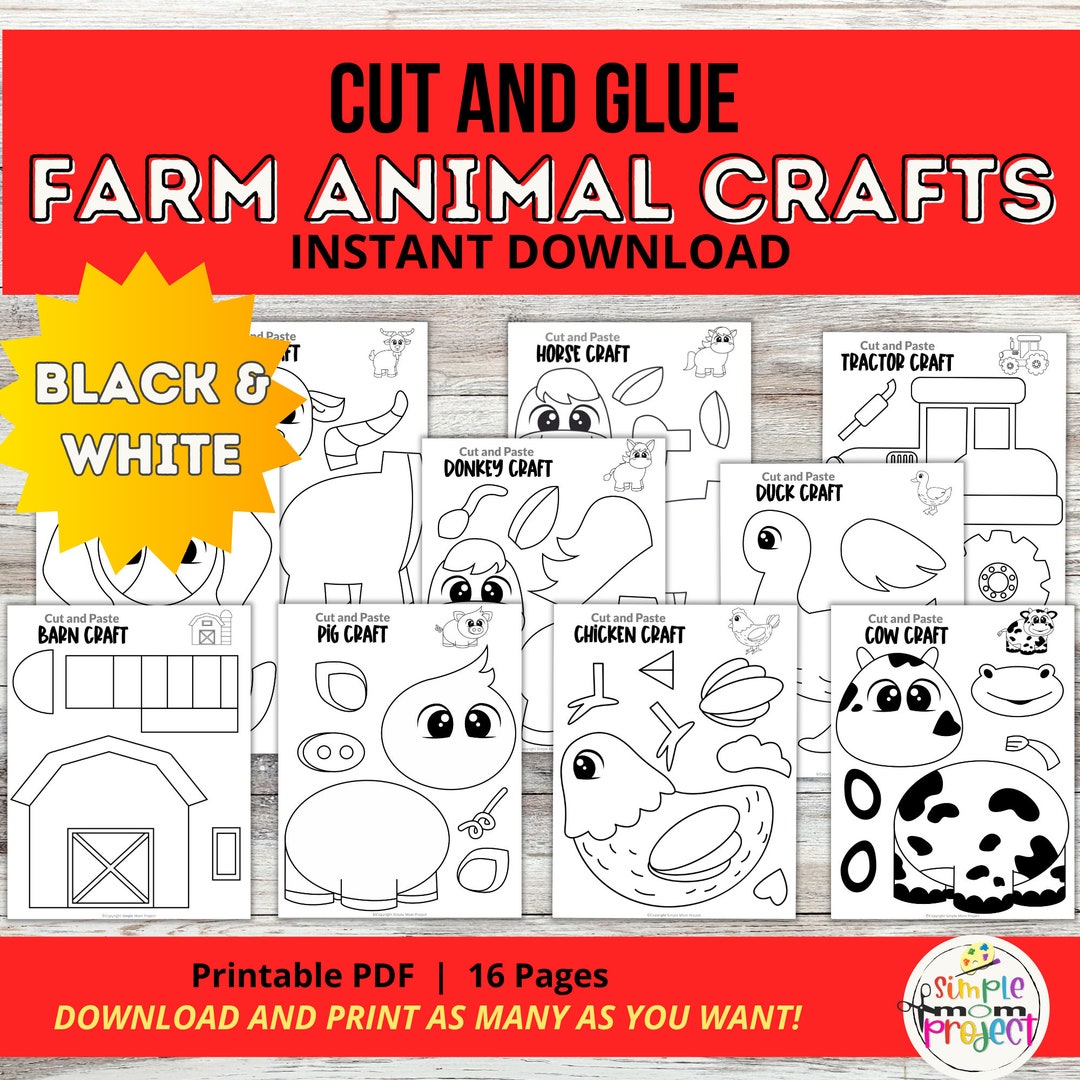 15 Farm Animal Cut and Paste Craft, Barnyard Crafts, Black and White ...
