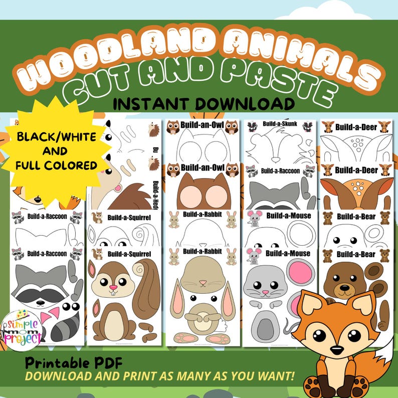 20 Easy Woodland Animal Cut and Glue Craft Activity, Printable, Fine ...