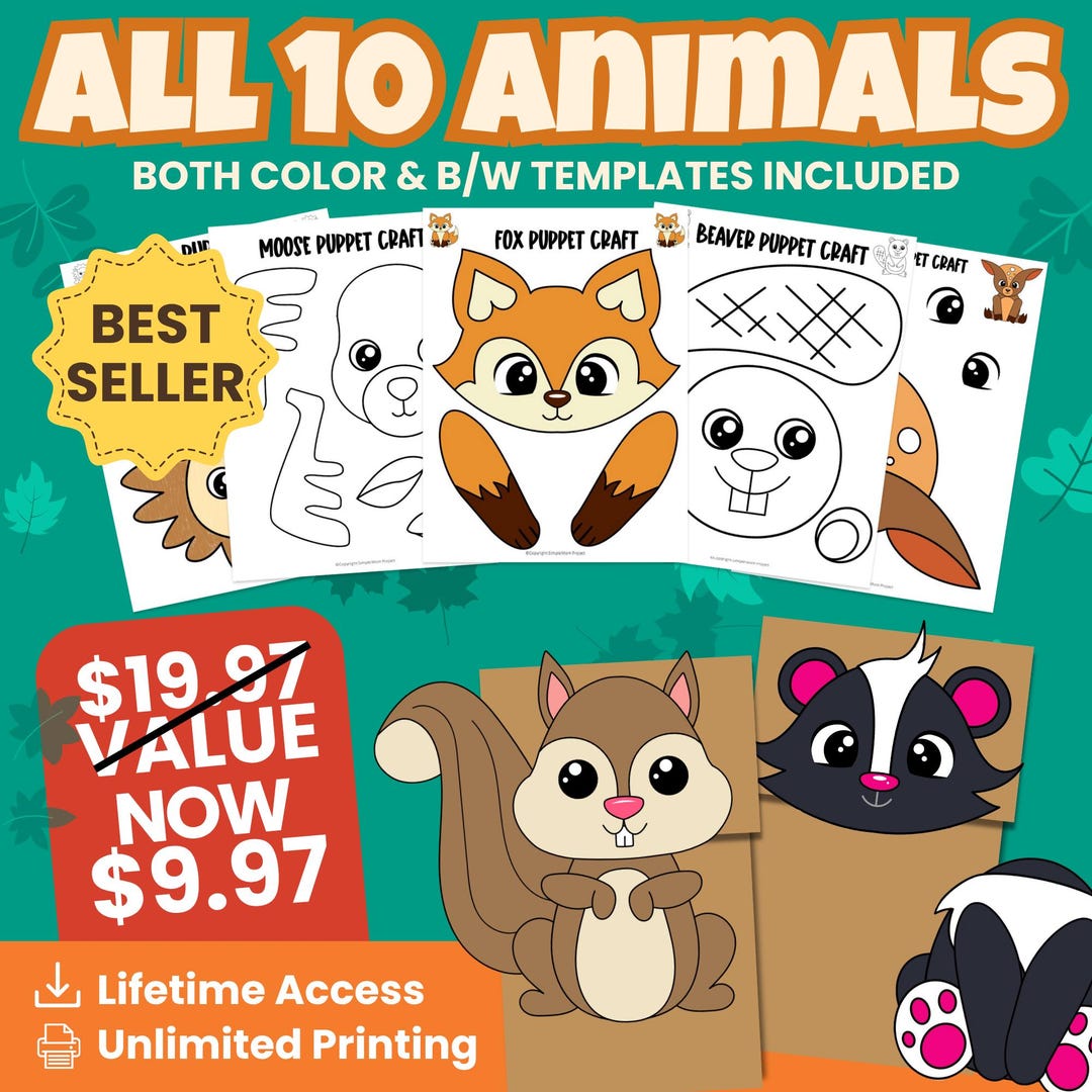 Woodland Animal Paper Bag Puppet Bundle | Printable Kids’ Crafts (PDF ...