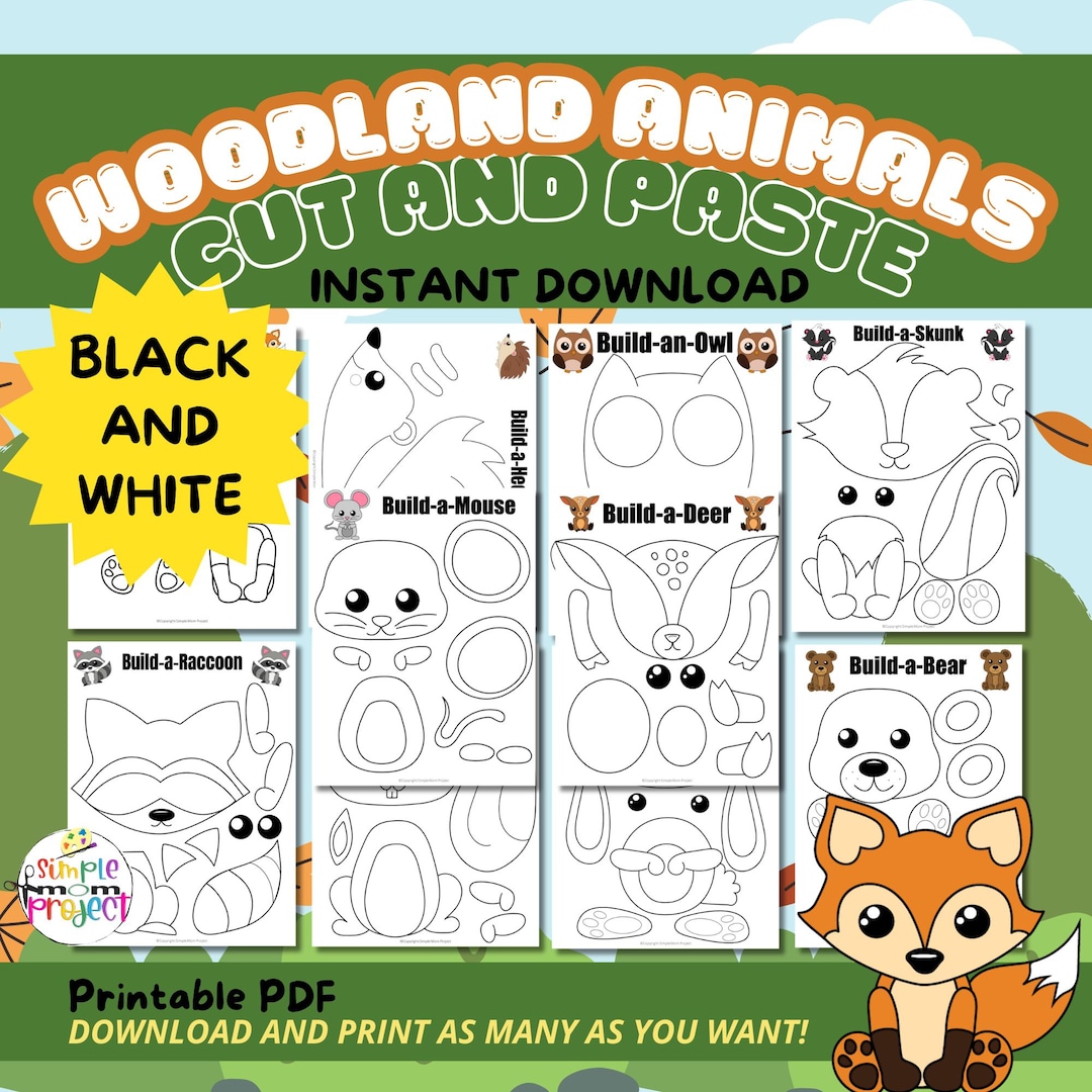 10 Black and White Woodland Animal Cut and Glue Craft Activity ...