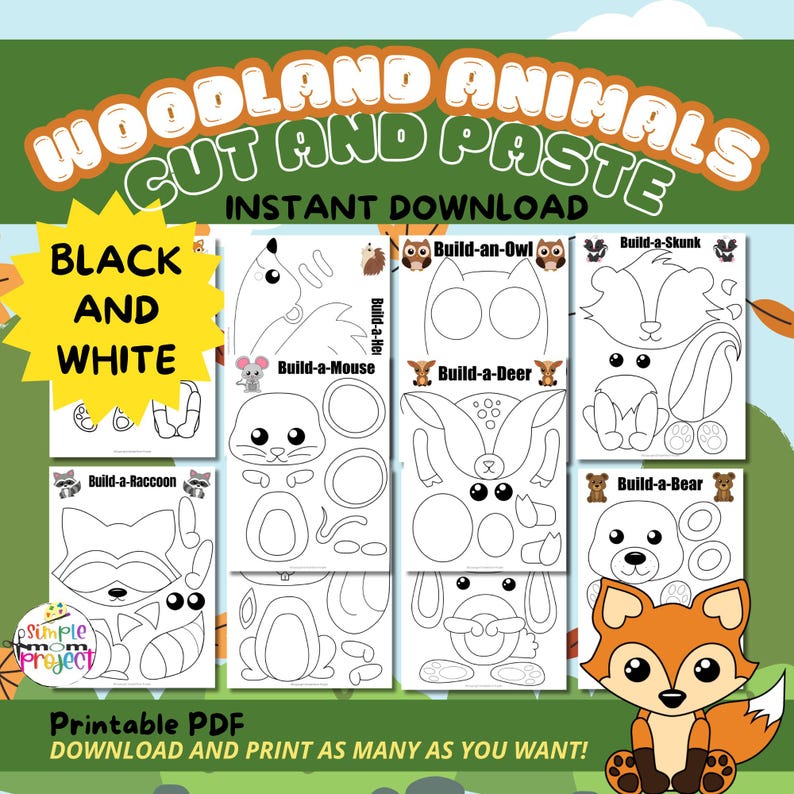 10 Black and White Woodland Animal Cut and Glue Craft Activity ...
