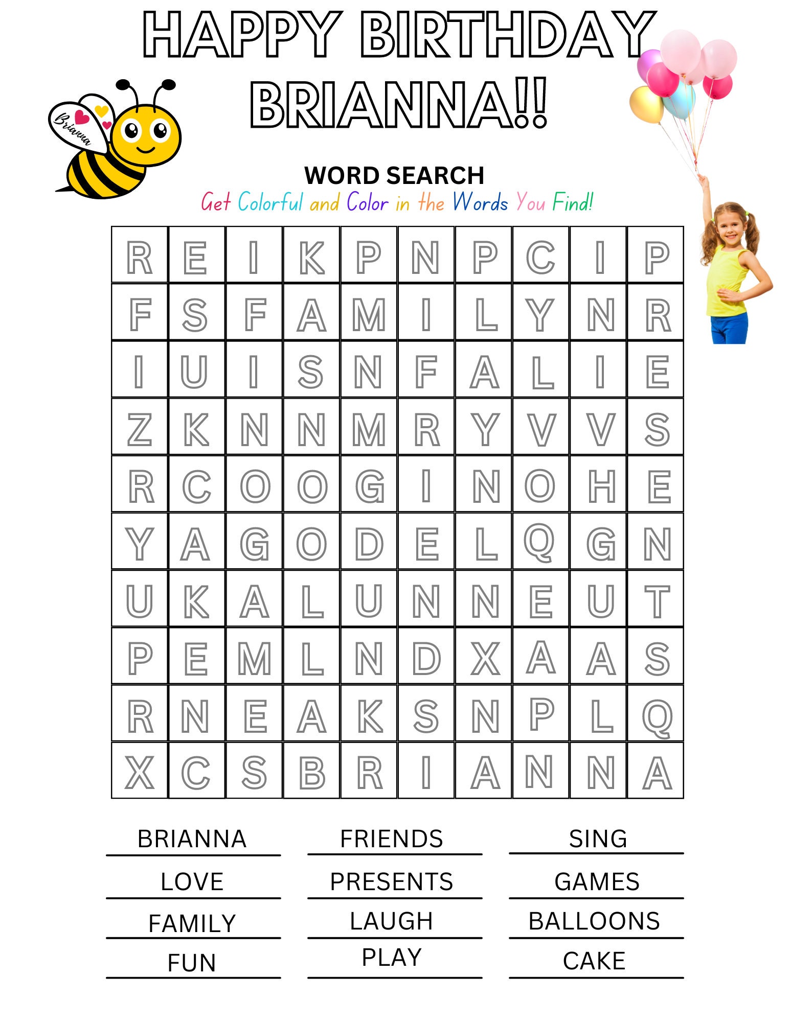 Personalized photo and Name Word Search Activity for Birthday. Childs ...