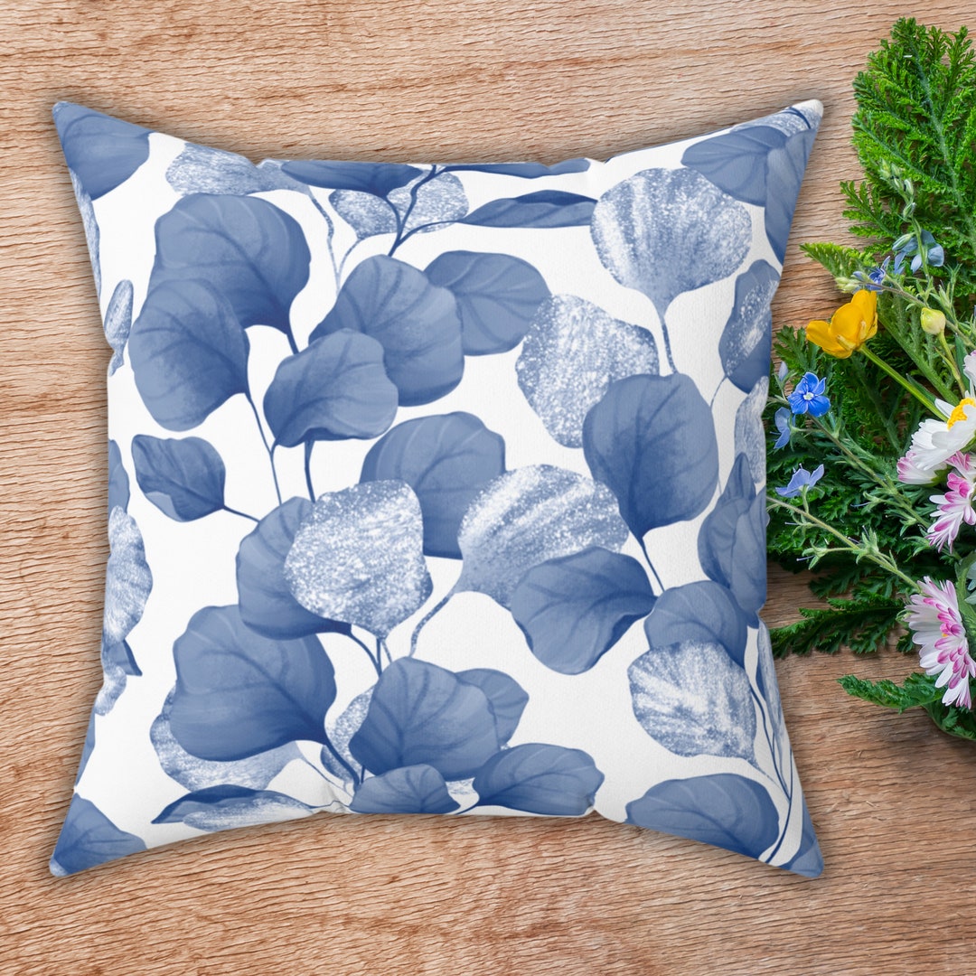 Blue Seamless Pattern of Leaves Pillow, Leaves Pattern Pillow, Blue ...
