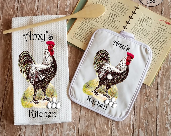 Personalized Country Rooster Kitchen Towel Dish Cloth and Pot Holder ...