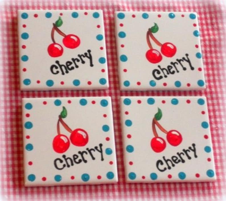 Hand Painted Cherries Ceramic Tile Coaster Set Retro Cottage - Etsy