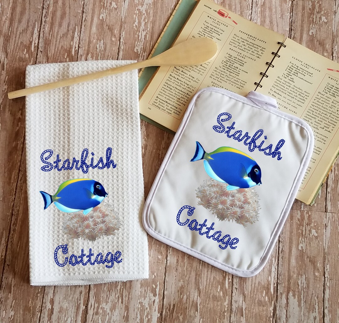 Personalized Tropical Fish and Coral Beach House Kitchen Dish Towel and ...