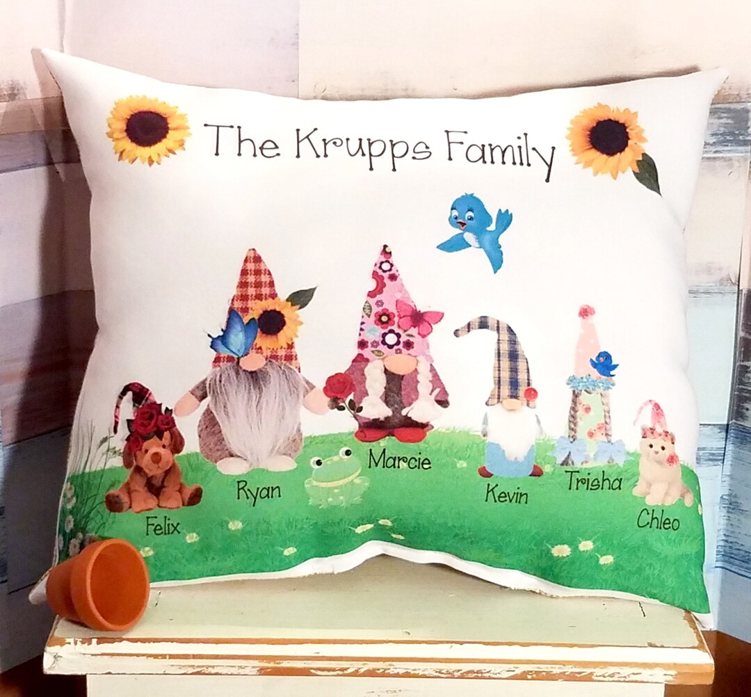 Adorable Personalized Garden Gnome Family Gift Pillow, Cute Gnome Decor ...